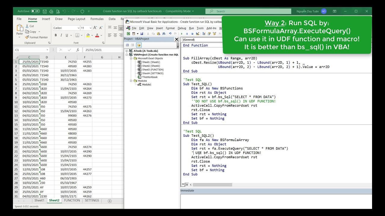 So sánh chạy SQL với BS_SQL và ExecuteQuery trong VBA với Add-in A-Tools - YouTube