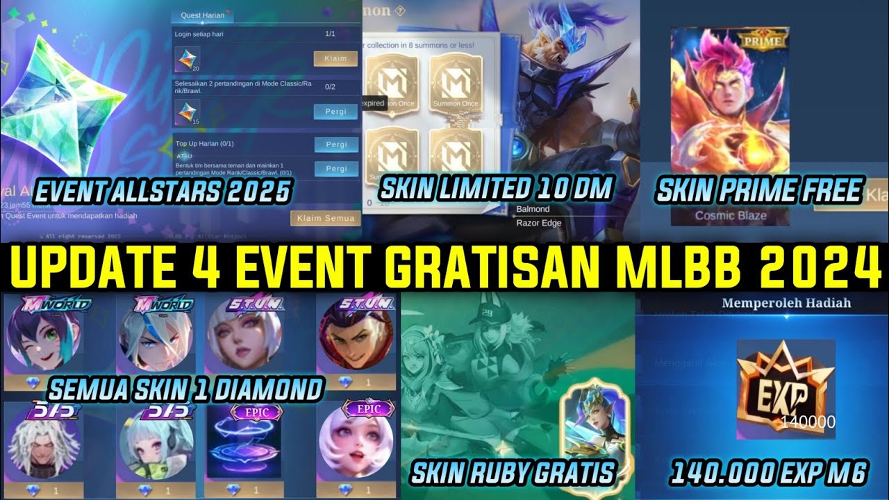 UPDATE 4 EVENT GRATISAN MLBB 2024! EVENT ALLSTARS, 3 SKIN 515 TERBARU ...