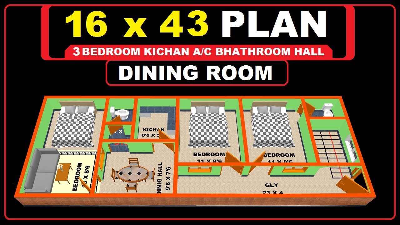 16 x 43 3bhk house desing with dinighall 16 * 43 3बैडरूम वाला घर का ...