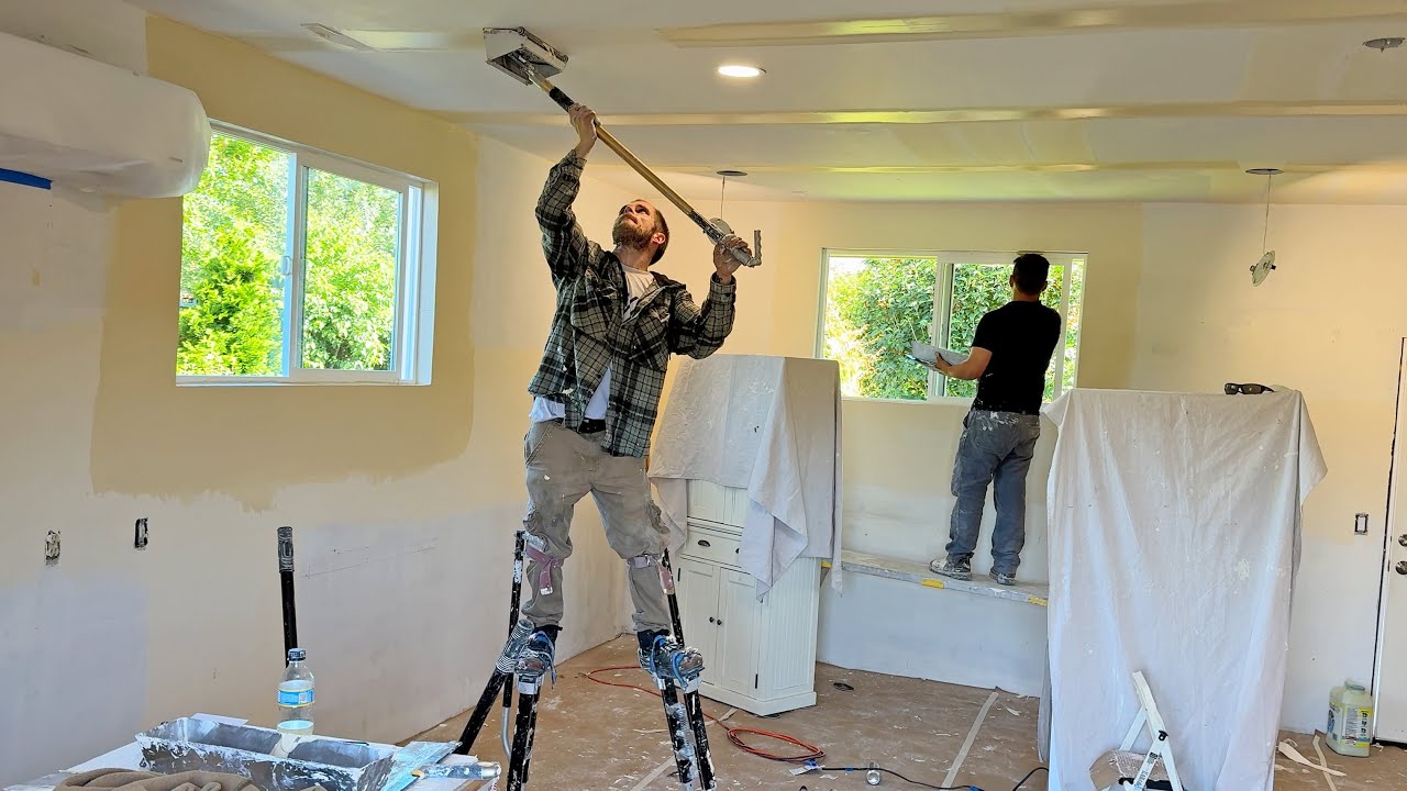 Contractor Crew Preps Drywall on Garage Walls for Texturing - YouTube