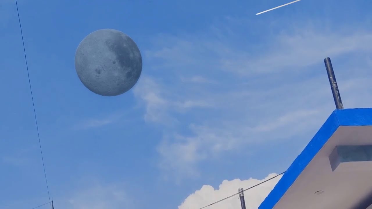 The view of the big moon getting hit by an asteroid through the earth ...