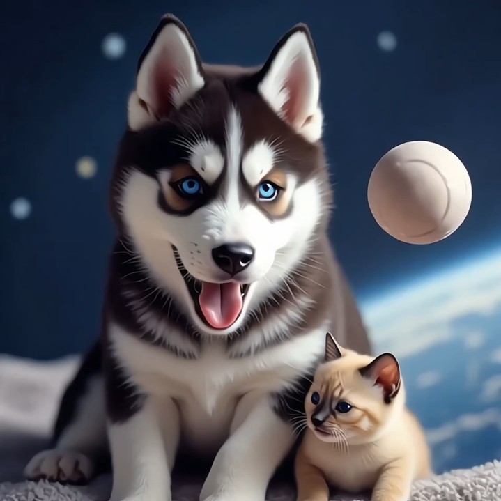 Husky dog and Siamese kitten playing with ball in outer space ️哈士奇犬與暹羅小 ...