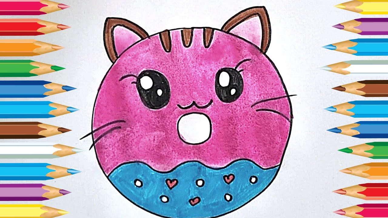 Draw donut cute cat kitty with me easy step by step How to draw donut ...