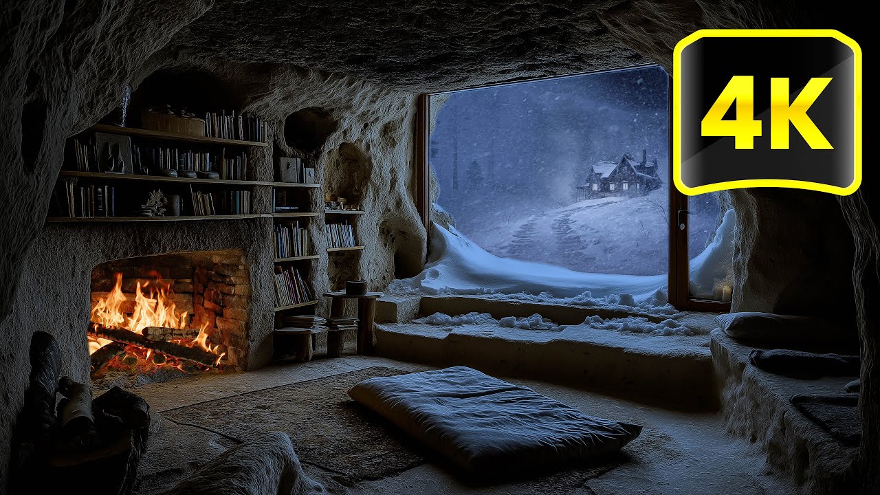 Cozy Cabin Ambience with Snow & Crackling Fire Sounds🔥 ️ Cozy Cave ...