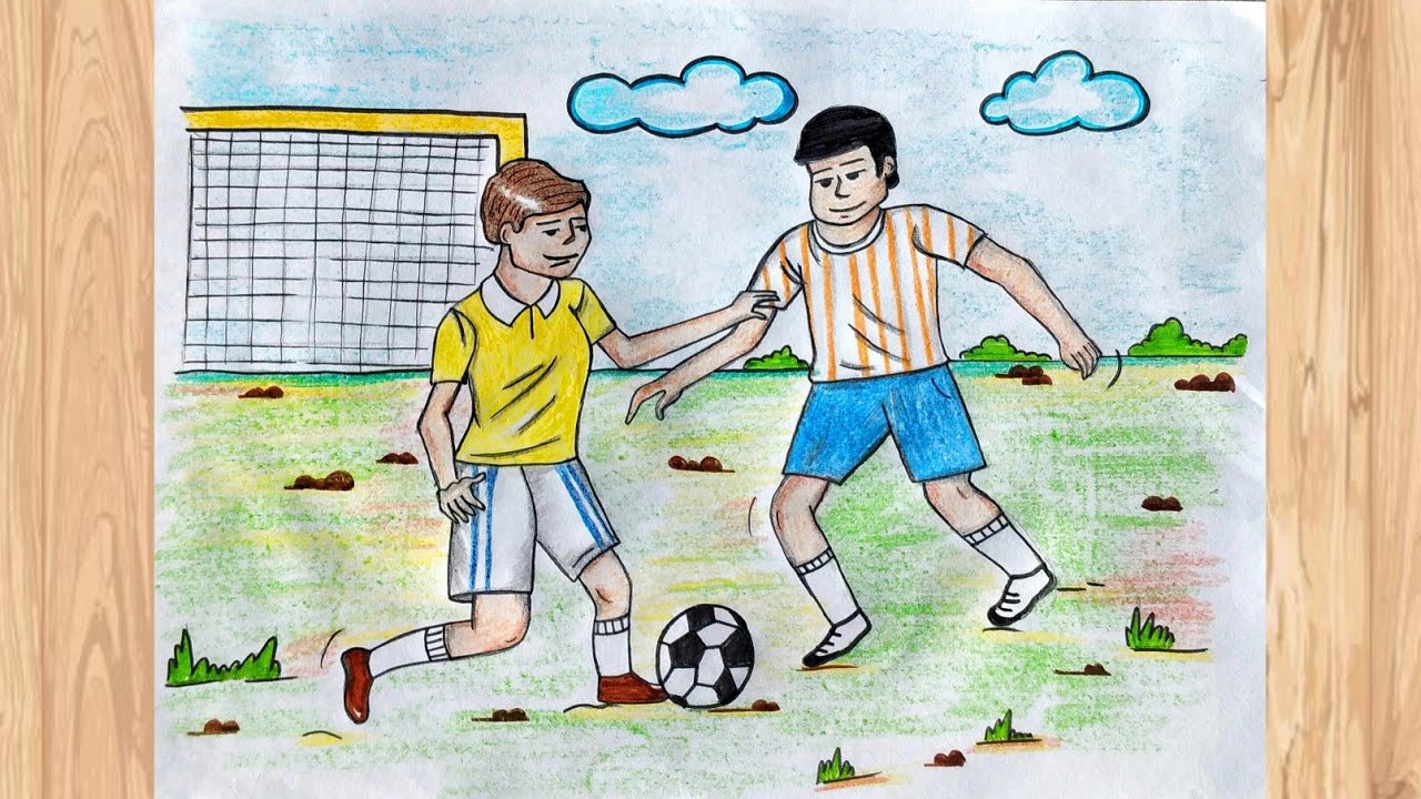 Football Scene/ Boys Playing Football in the Ground/ Easy Draw Color ...