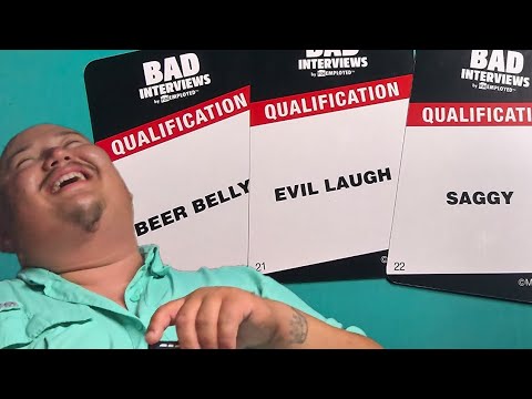 Bad Interview card game: Beer Belly, Evil laugh, Saggy Qualifications ...