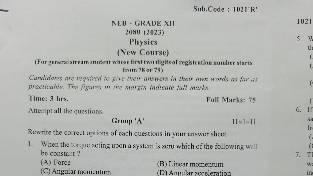 Physics Question Neb Grade Xii 2080 2023 New Course Youtube