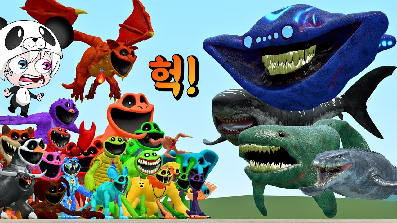 거대 바다 몬스터 Vs 스마일링 크리터의 한판 승부 메갈로돈 엘그랜 마하 블룹 모사사우루스를 이길수 있을까 애니메이션