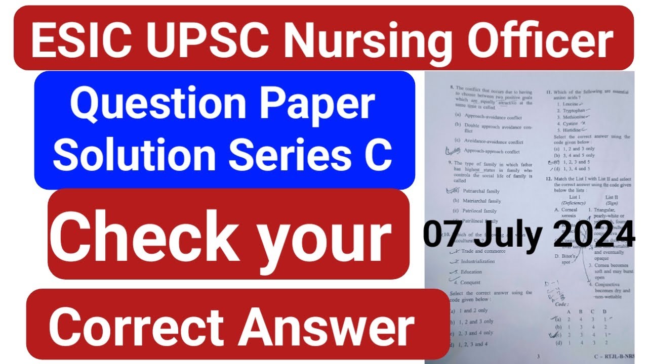 ESIC NURSING OFFICER PAPER Solution 07 july 2024 Answer key ESIC UPSC ...