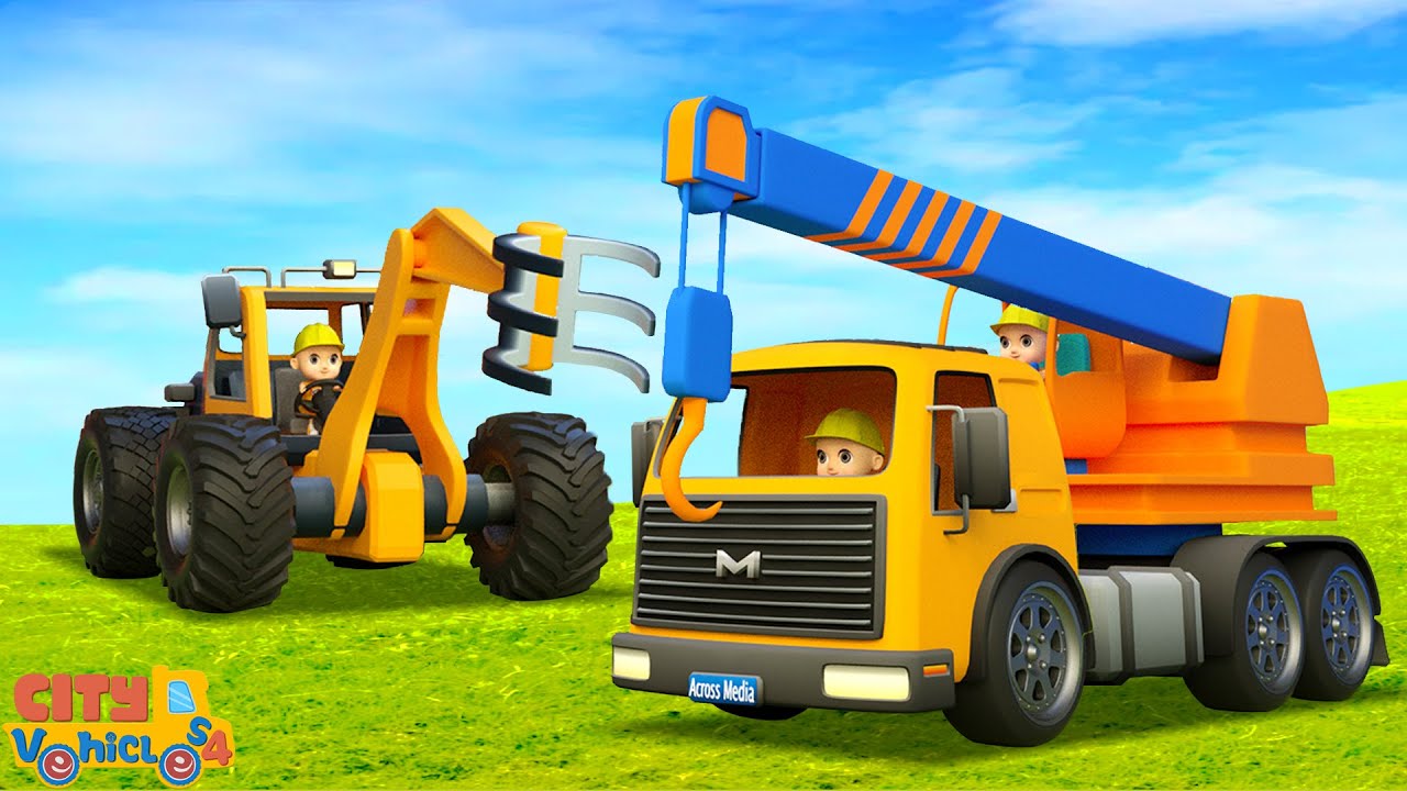 Construction vehicles assemble bricklaying truck and pave the road ...