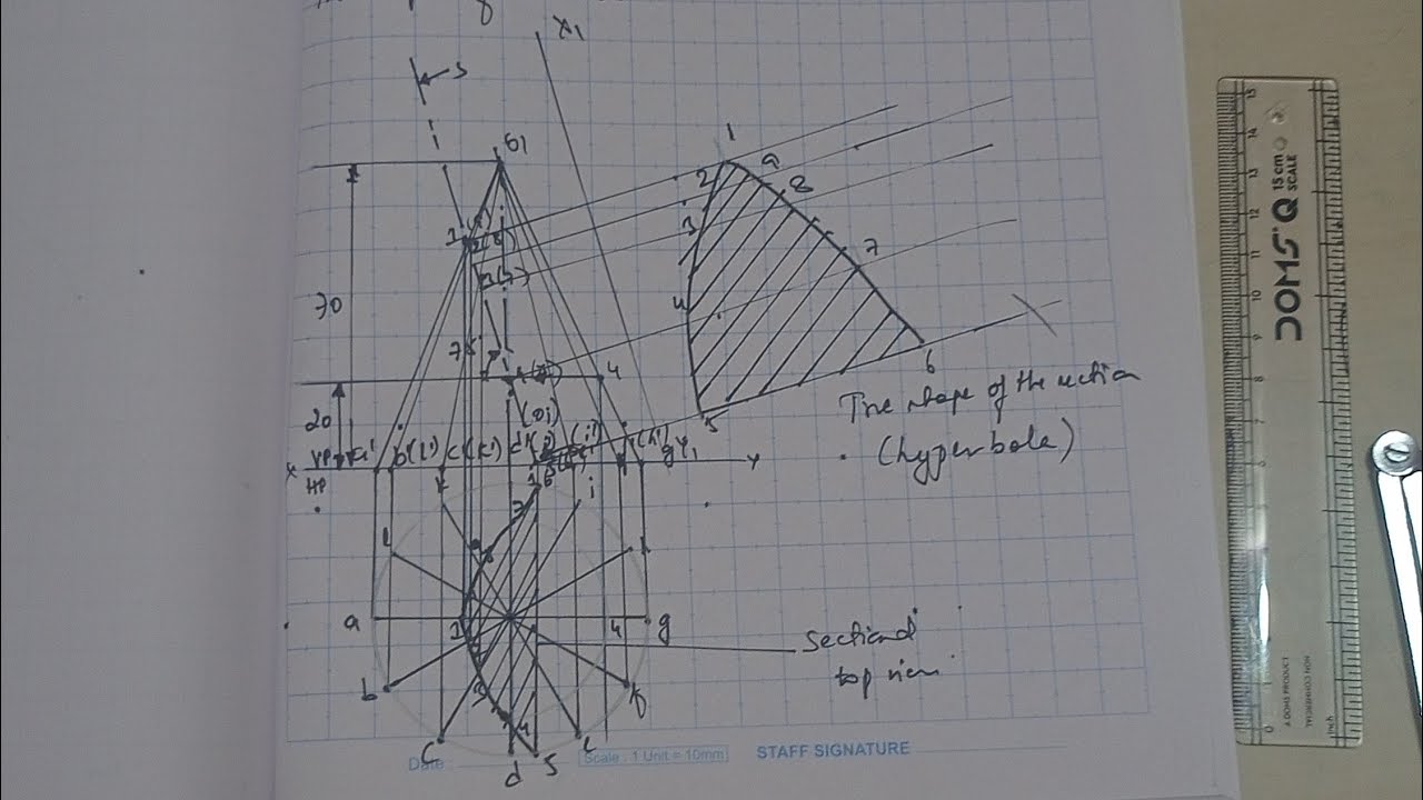 Section of Cone cut by section plane 20mm above HP on axis and 75degree ...