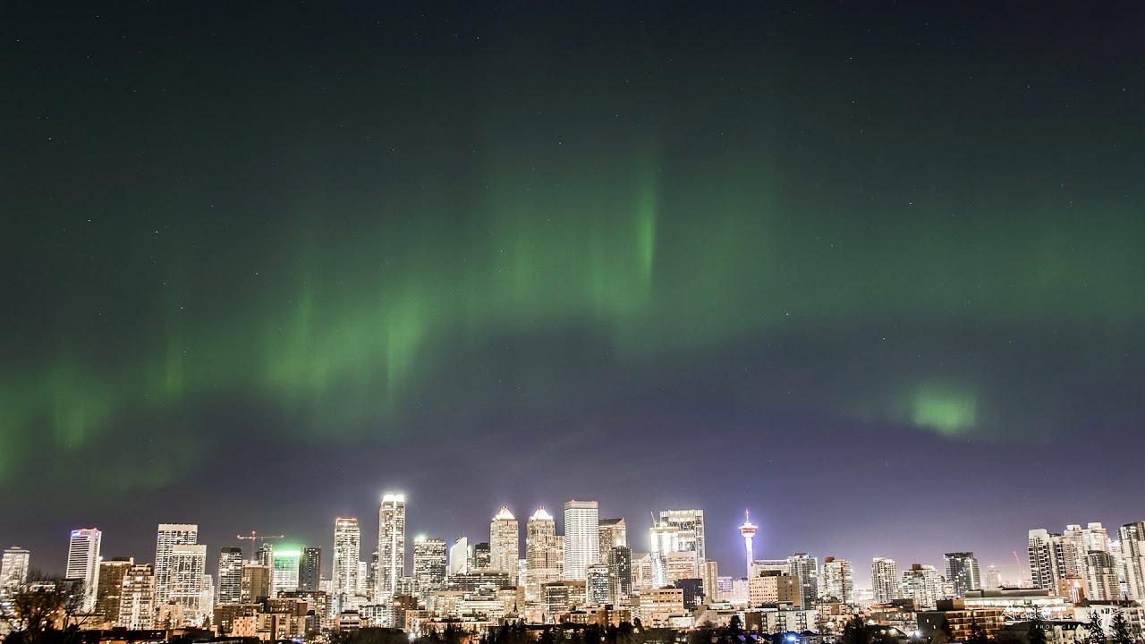 Northern Lights over Downtown Calgary 420 2018 - YouTube