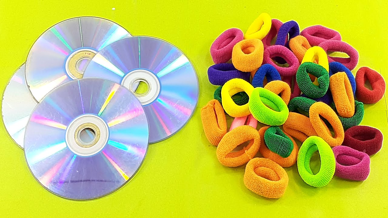 Waste cd disc Crafting with Hair rubber bands | best out of waste ...