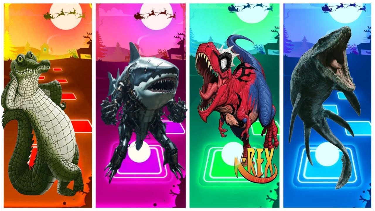 JurassicWorld 🦖Crocodile 🆚Megaladon 🆚Spider T-rex 🆚Mosasaurus Tiles Hop EDM Rush Evolution - YouTube