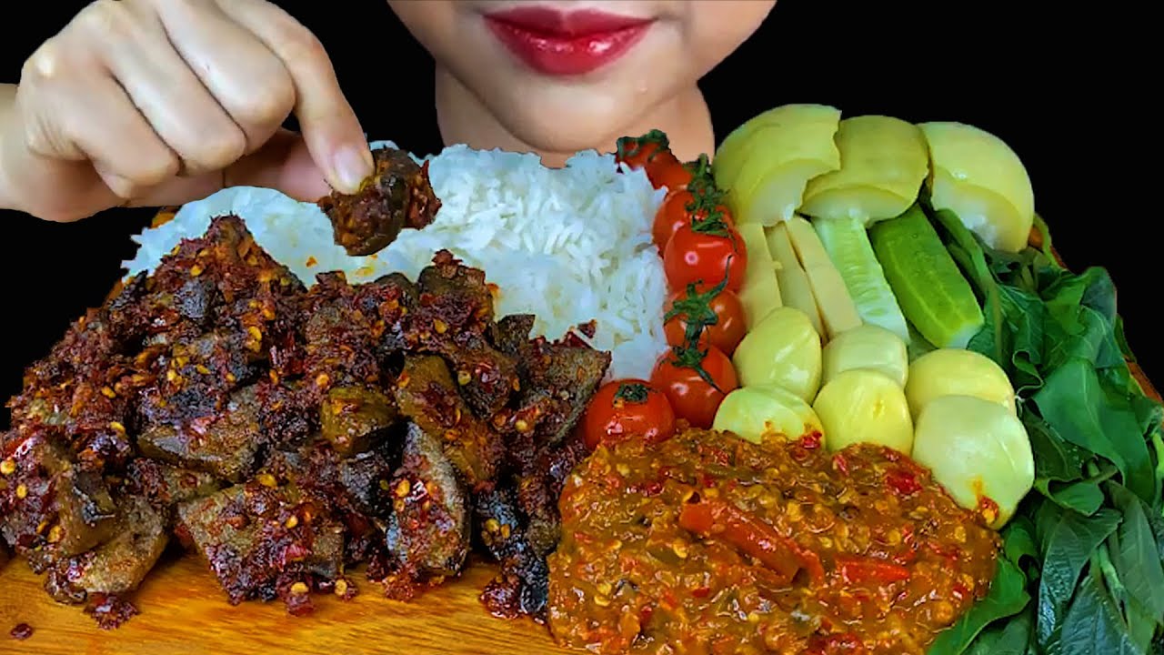 MUKBANG EATING||SPICY PORK LIVER, SPICY CHILLI SAUCE, JENGKOL & WHITE ...