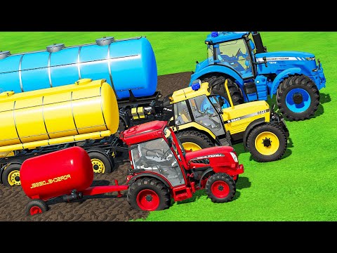 MINI & BIG TRACTOR & TANKER vs DEEP MUD with PORTAL TRAP - TRACTORS vs MUDDY ROAD! FS22