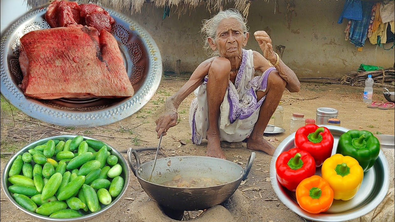 Poor old widow Grandma cooking PORK CURRY with lvy Gourd & capsicum ...