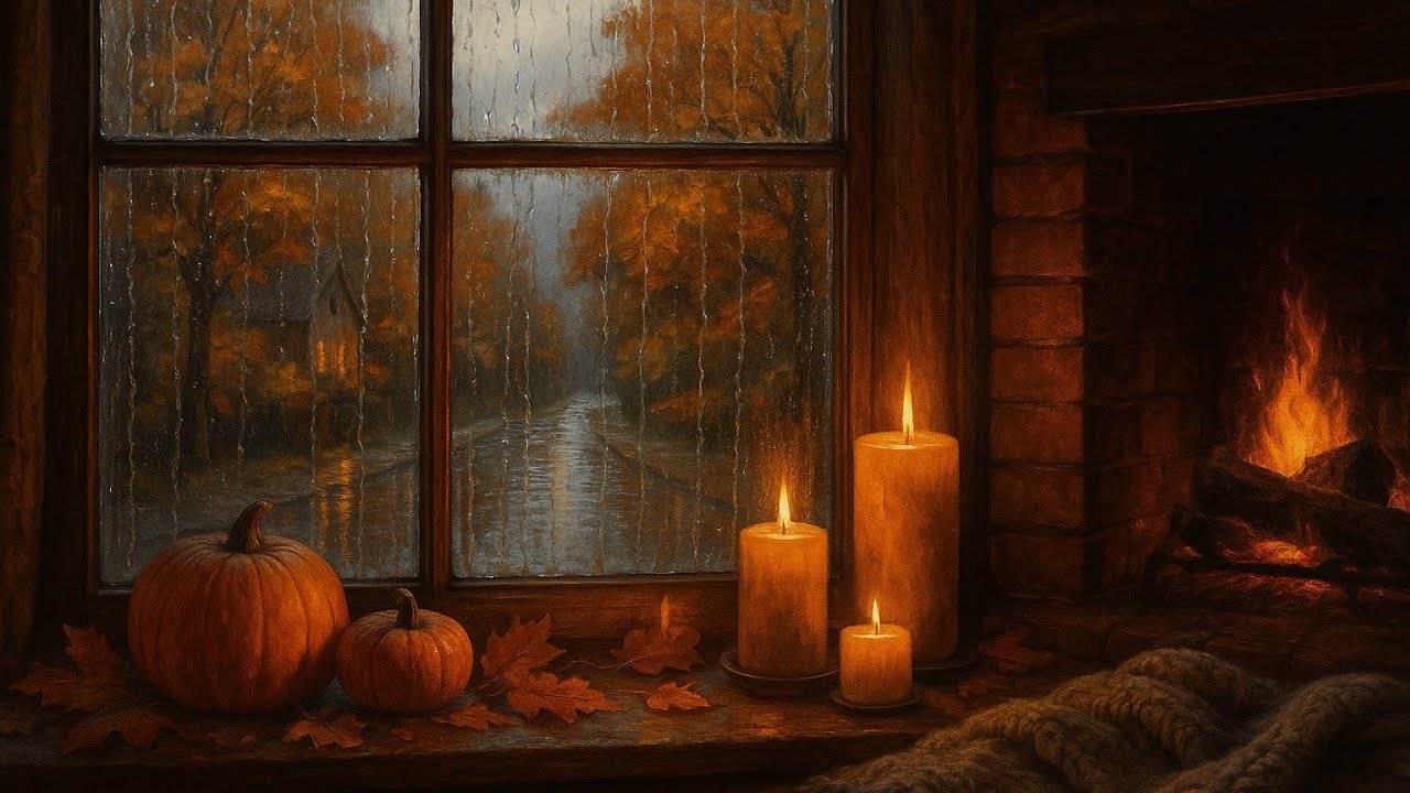 Autumn Window Rain 🌧️ | Rain Outside Window, Fireplace & Candle ...