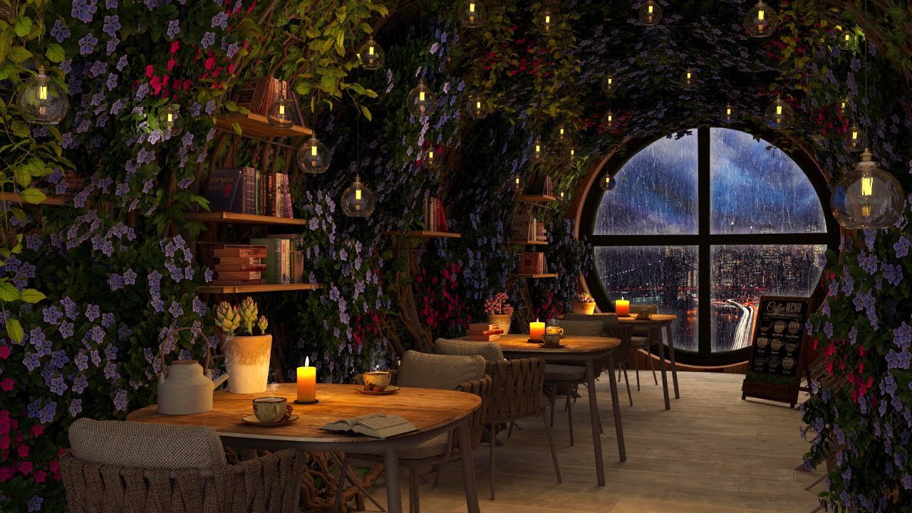 Spring Coffee Shop Ambience with Jazz Music Playing Slowly and Rain ...