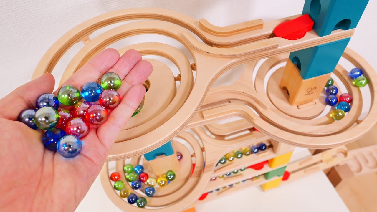 Marble Run Race ASMR ☆ Triple Swirl and Squiggle Wooden Course ★ Long ...