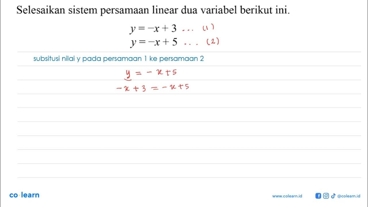 Selesaikan sistem persamaan linear dua variabel berikut ini. y = -x + 3 y = -x + 5 - YouTube