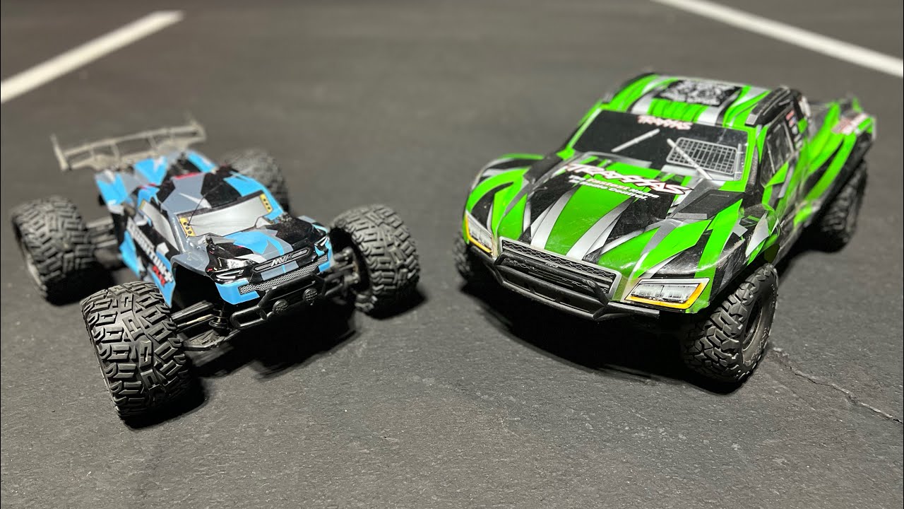 4 cell Traxxas Maxx Slash VS 3 cell Maverick HPI circle track lot fun ...