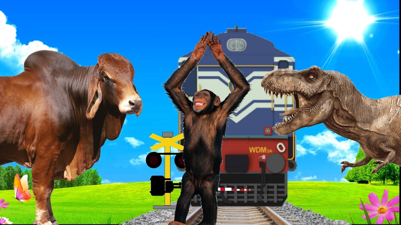 Cow, Dainesor, and Monkey vs high speed train stop 2d animation video ...