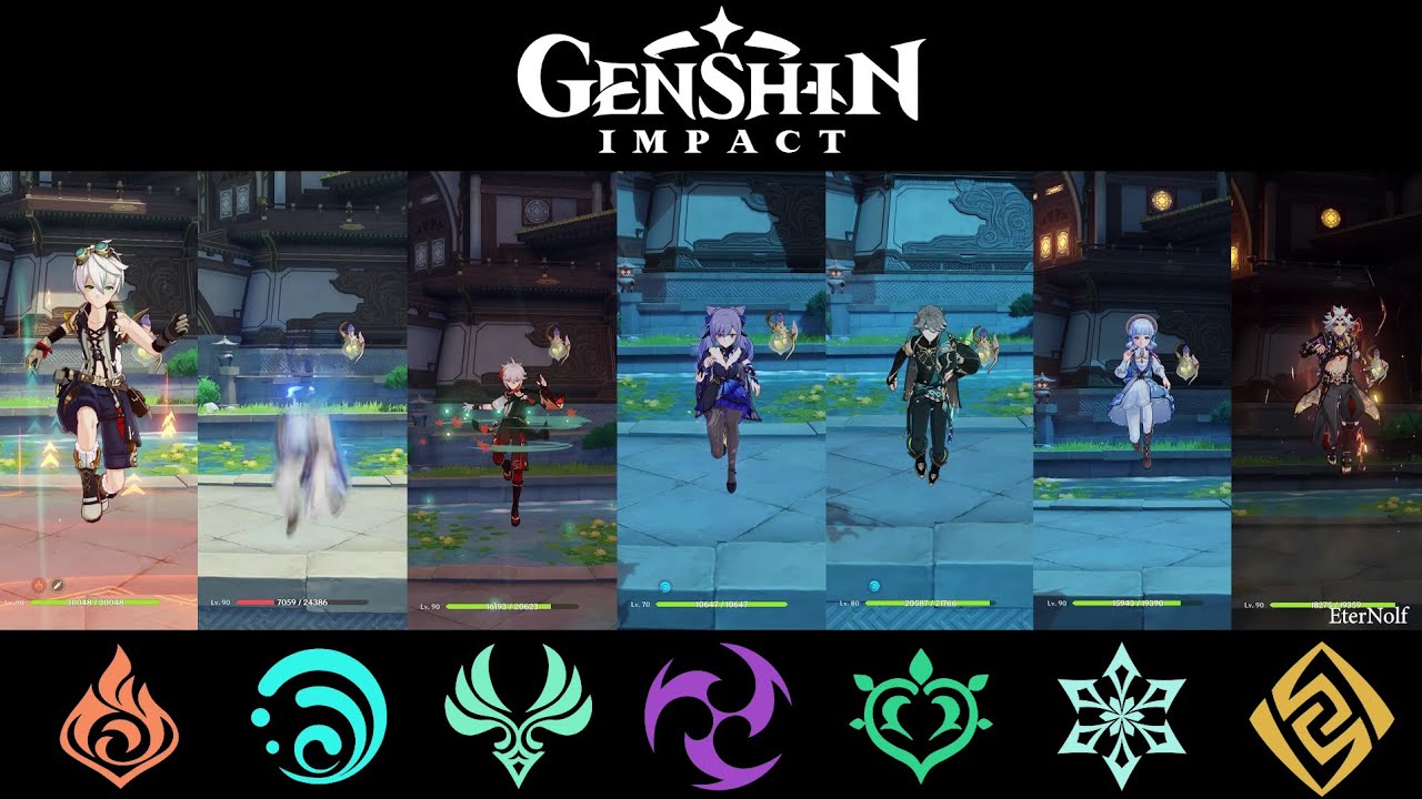 All 7 elemental infusion melee plunge attacks gameplay | Genshin Impact ...