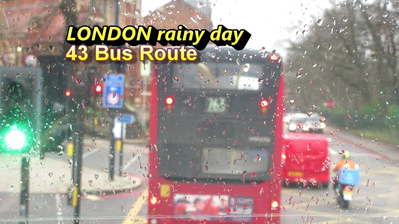 Rainy day bus ride, 43 bus, from Archway to Muswell Hill, North London ...
