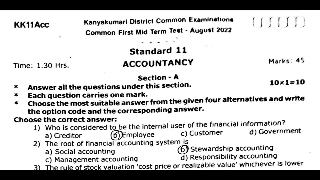 11th Accountancy First mid term test question paper 2022 Answer key ...