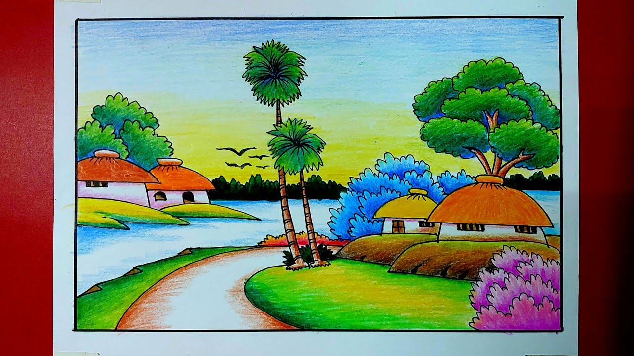 How to draw Village Scenery | Drawing Village Scenery | Step by step ...