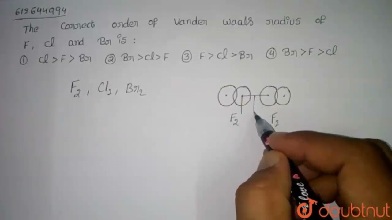 The correct order of Vander Waals radius of F, Cl and Br is :Â |Class ...