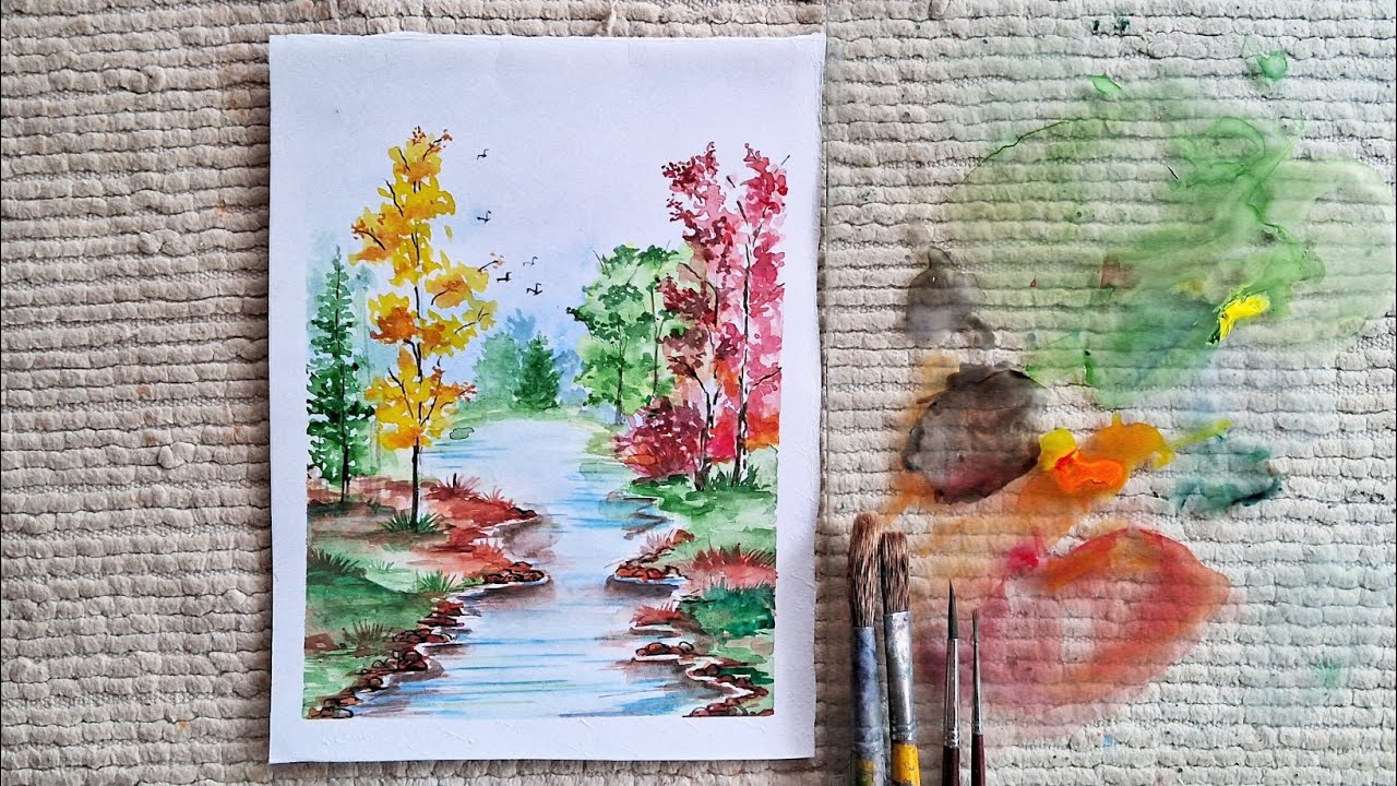 Autumn Landscape Painting 🍂 Watercolour Painting🎨 Step by step tutorial ...