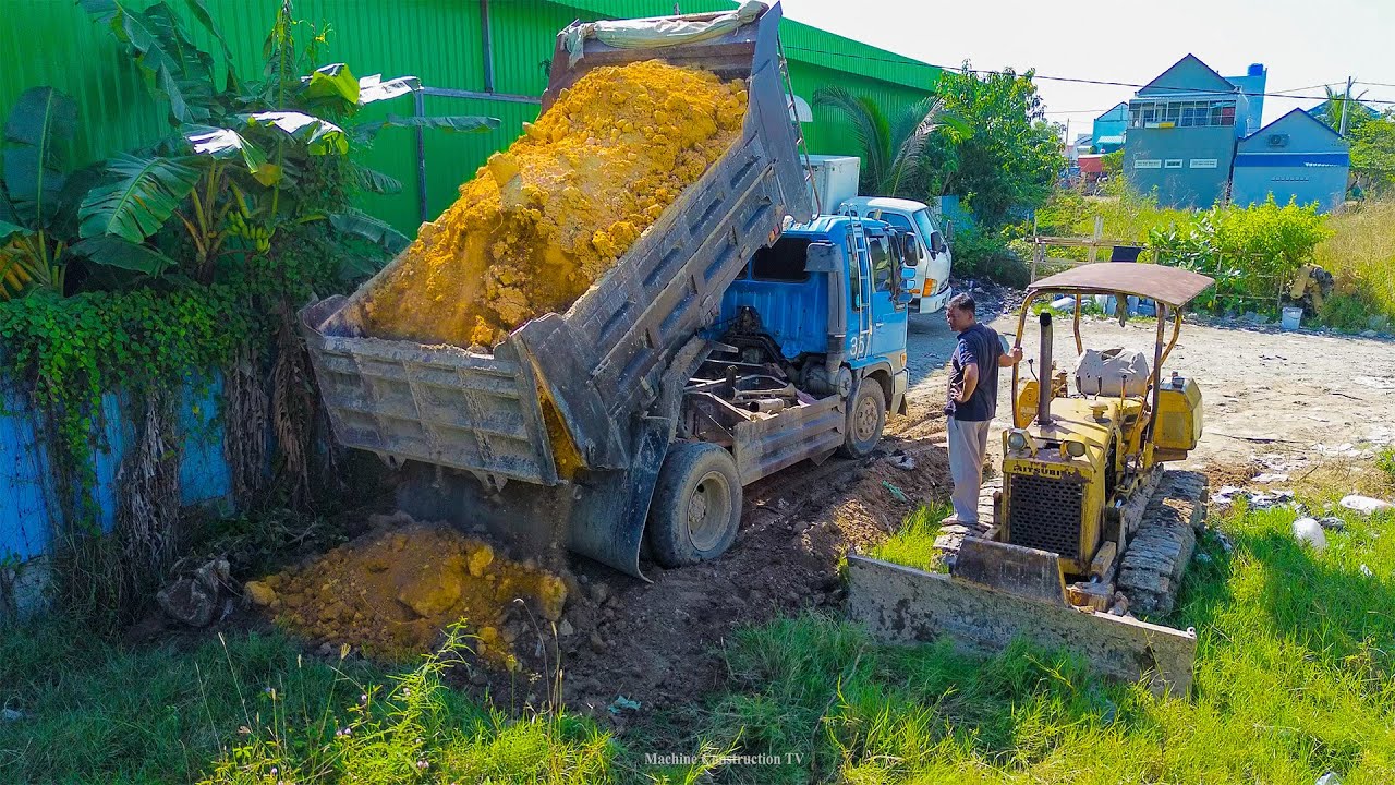 Best Starting New Project Landfill by Bulldozer Komatsu D31P Push Soil and 5T Trucks Unloading ...