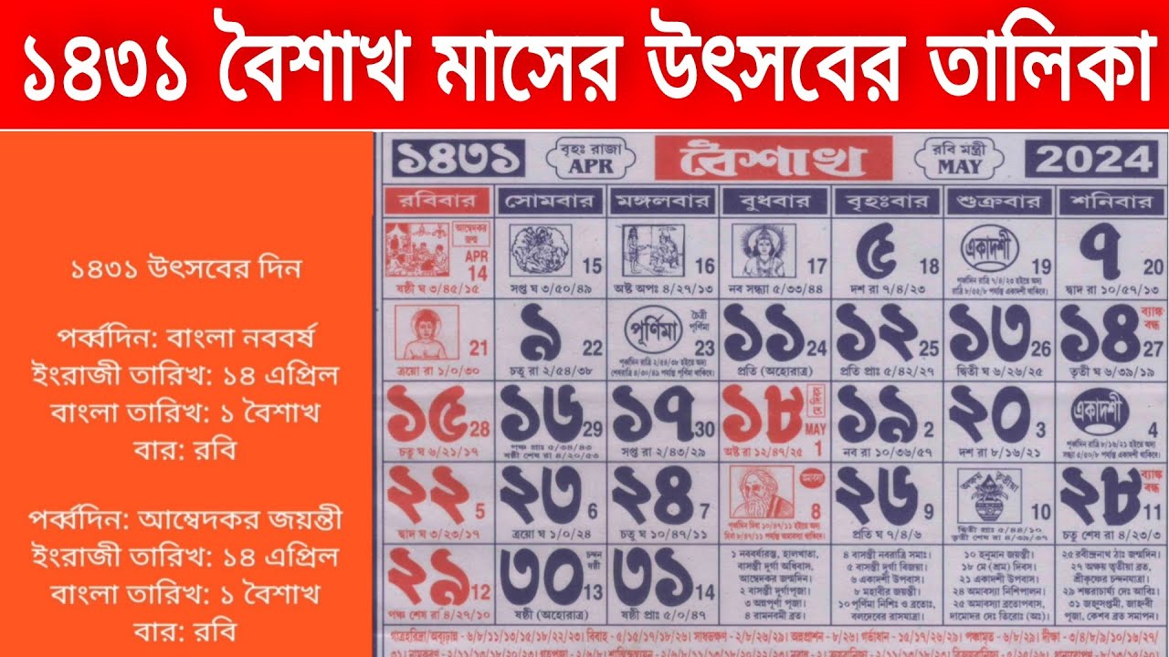 উৎসবের তালিকা ১৪৩১ সালের বৈশাখ মাসের | Bengali calendar 1431 boishakh ...