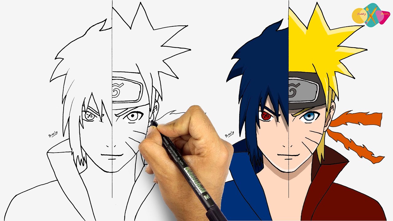 رسم انمي ناروتو تعلم رسم نصف وجه ناروتو و نصف وجه ساسكي خطوة بخطوة للمبتدئين رسم سهل Youtube
