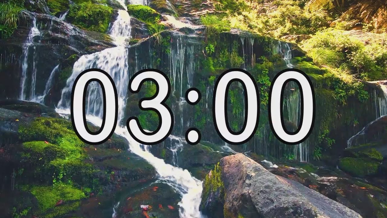 3 minute timer with Calm and Soft Music and background of waterfall ...