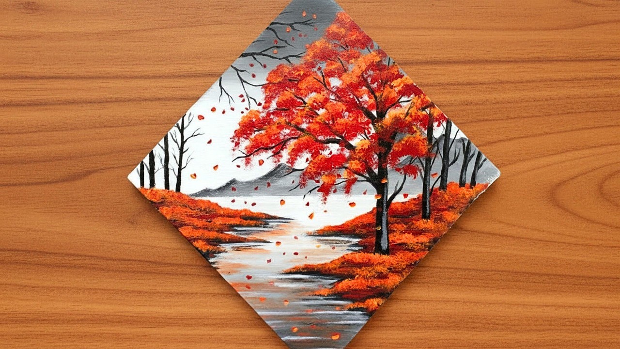 Acrylic Painting Red Tree Landscape for beginners | Black & White ...
