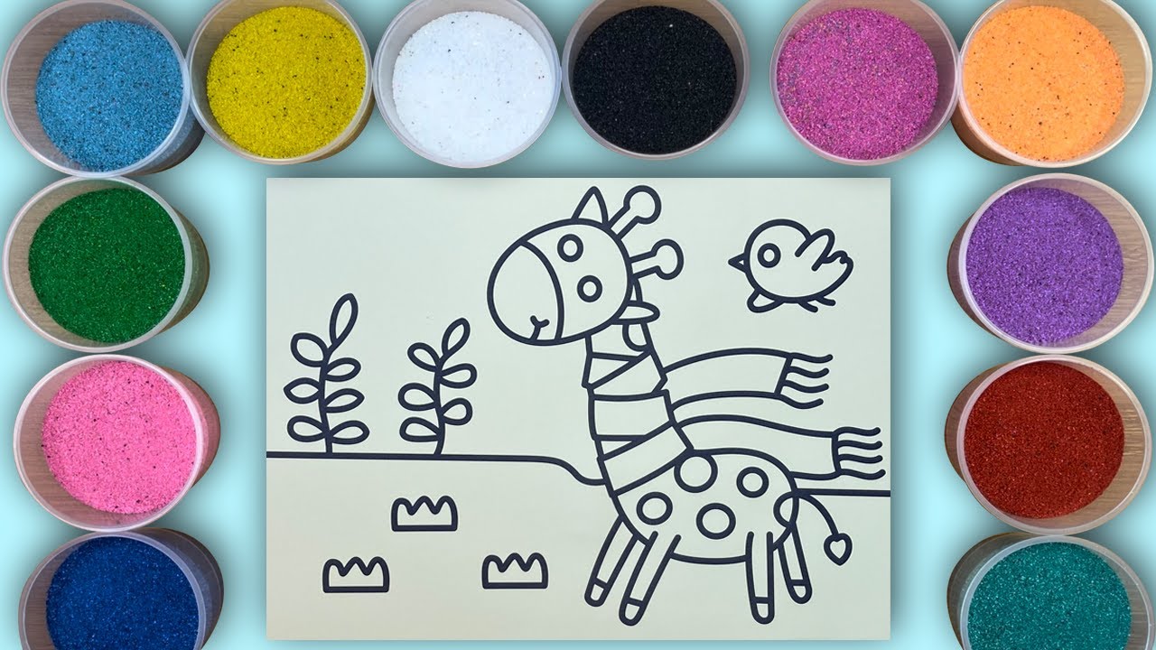 Coloring Sand Painting Cute Giraffe and Little Bird - How To Painting ...