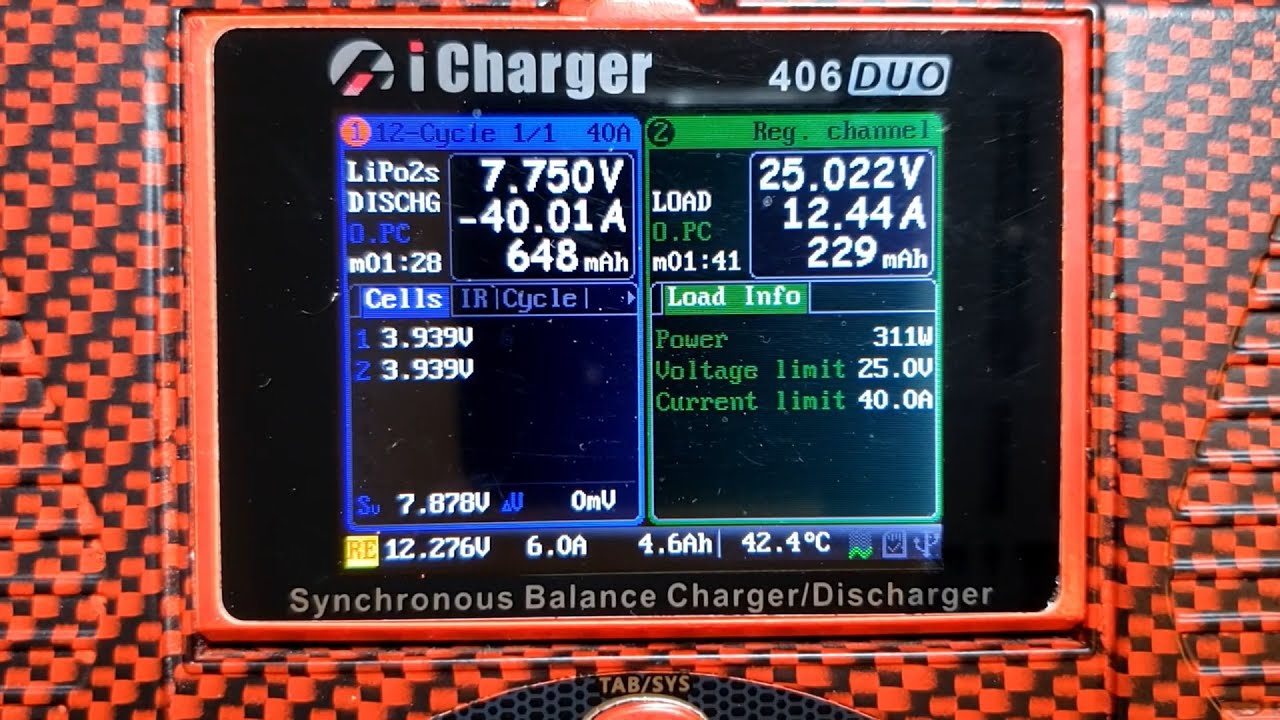 Cycle 2S 40A on Discharge Resistor Bank 2S 40A and iCharger 406DUO and ...