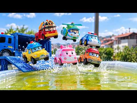Robocar Poli & Friends Water Jump Challenge! Poli, Roy, Amber Ramp Jump into Pool 🚓💦