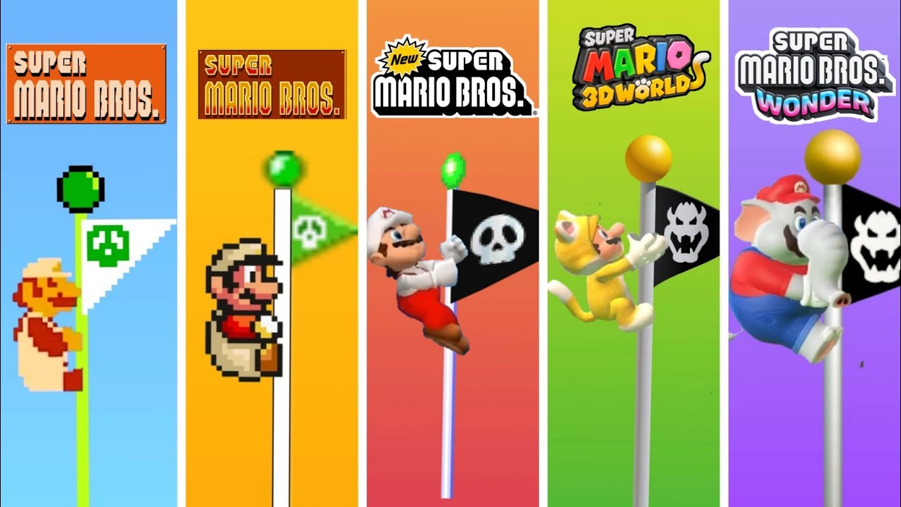 flag MarioEvolution of Mario Hitting the Top of the Flagpole (1985-2025 ...
