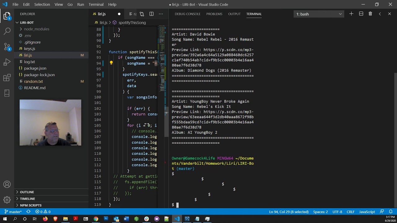 Jason Whitehead's Liri-Bot Node Application - YouTube