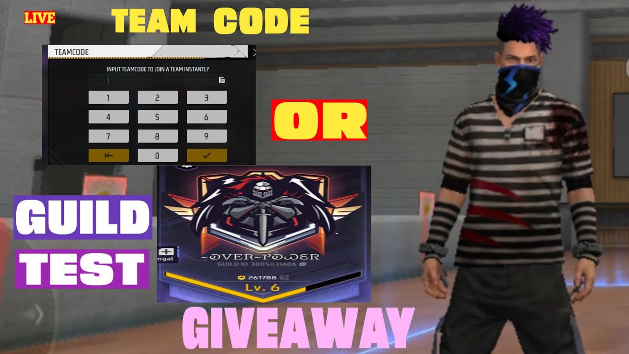 FREE FIRE LIVE | TEAM CODE GIVEAWAY | FF LIVE GUILD TEST | CUSTOM ...