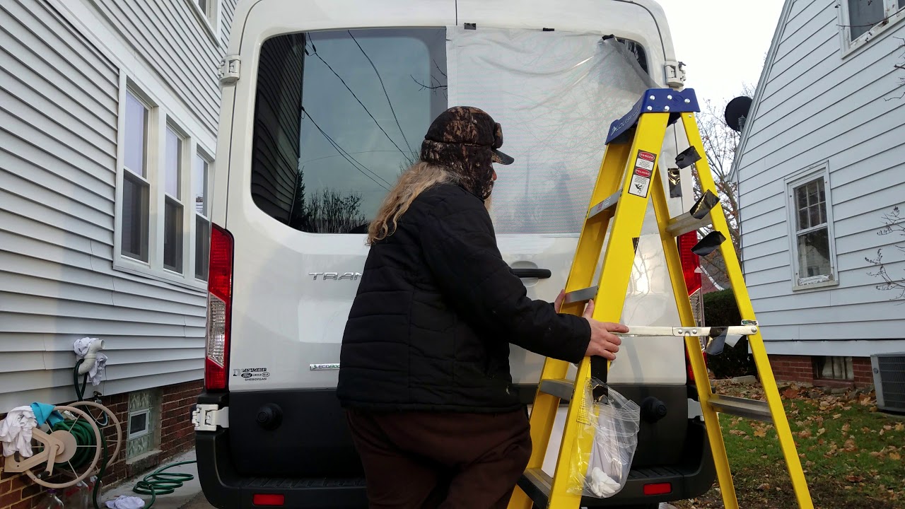 White perforated vinyl install Ford 250 Transit rear window - YouTube