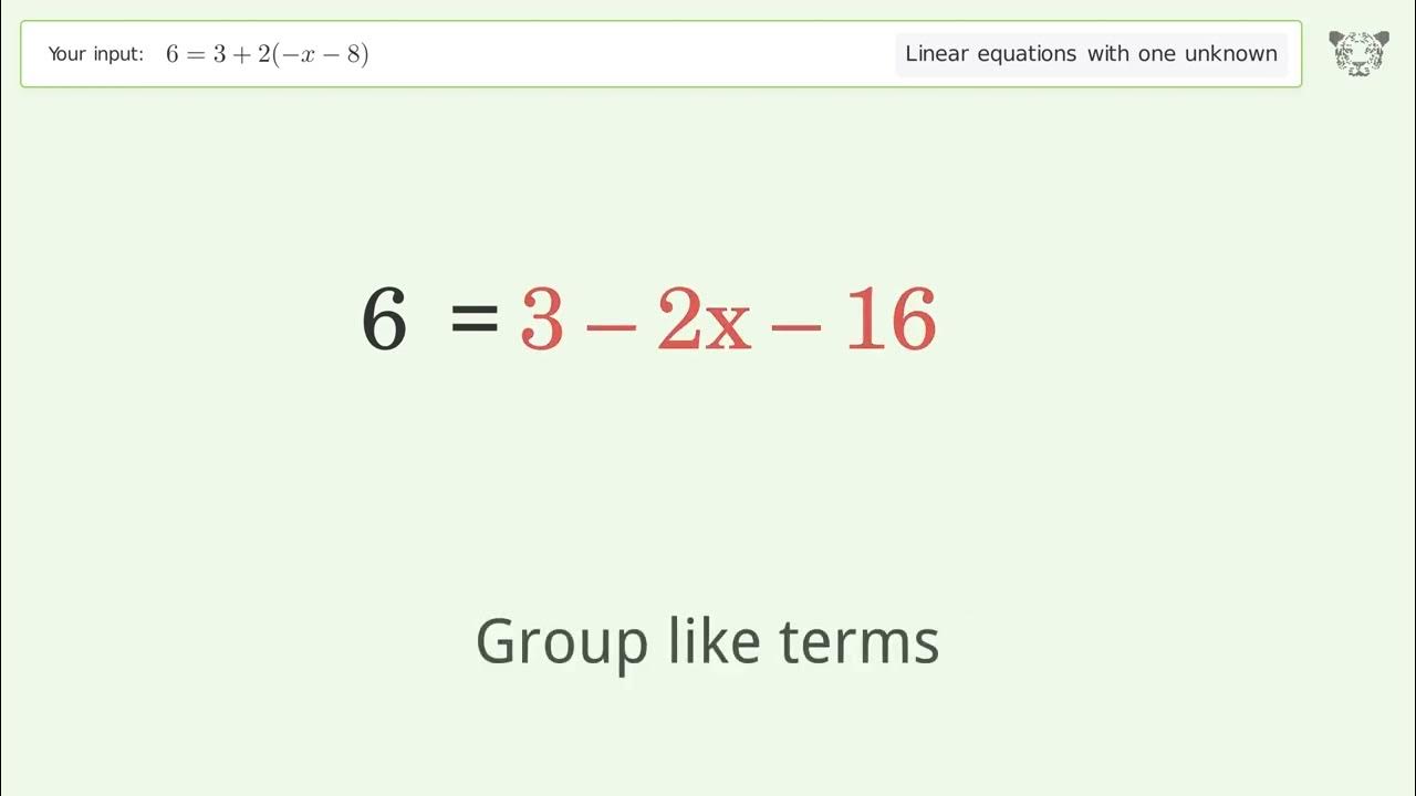 Linear equation with one unknown: Solve 6=3+2(-x-8) step-by-step ...