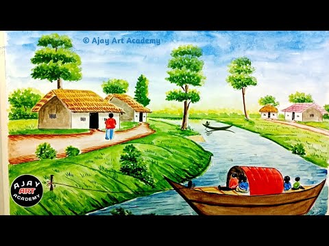 Beautiful Indian Village Landscape Scenery Painting/How To Easy Draw A ...