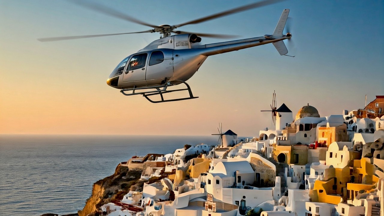 Helicopter flight over Santorini, Greece Spectacular scenery (4K ...