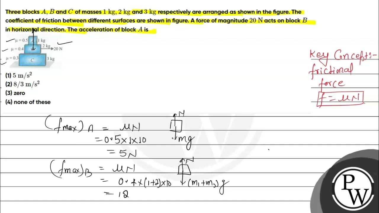 Three blocks \( A, B \) and \( C \) of masses \( 1 \mathrm{~kg}, 2 \mathrm{~kg} \) and \( 3 \mat ...