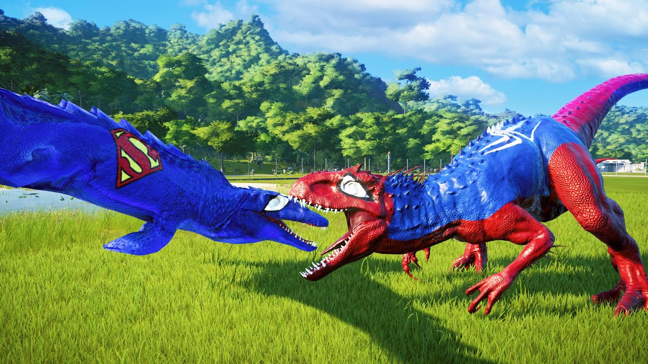 Spiderman I-REX Marvel vs Superman Mosasaurus DC Dinosaurs Fighting ...